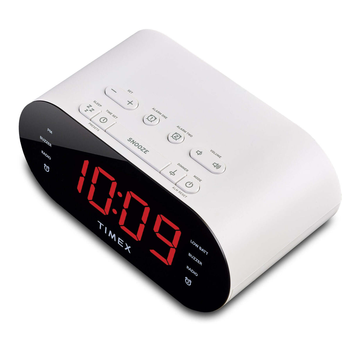 Timex Alarm Clock with AM/FM Radio – 20 Presets, White