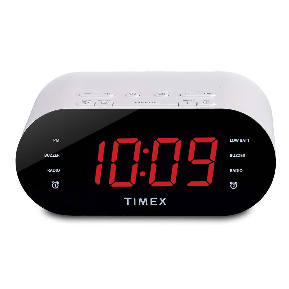 Timex Alarm Clock with AM/FM Radio – 20 Presets, White